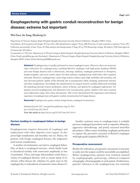 Pdf Esophagectomy With Gastric Conduit Reconstruction For Benign