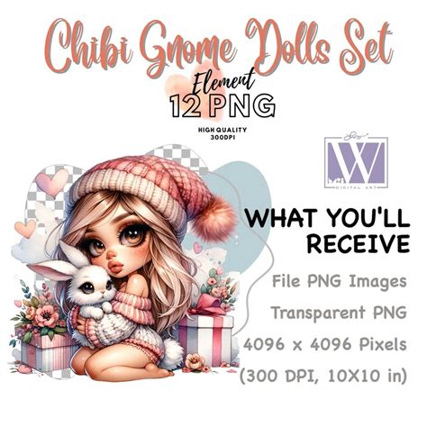 Chibi Gnome Valentine Clip Art American Chibi Girl Digital Art Bundle