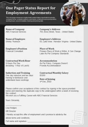 One Pager Status Report For Employment Agreements PDF Document PPT Template