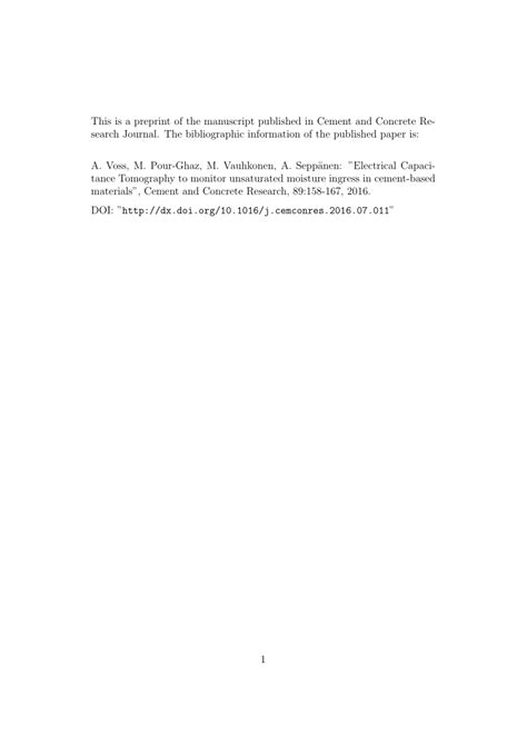 Pdf Electrical Capacitance Tomography To Monitor Unsaturated Moisture Ingress In Cement Based