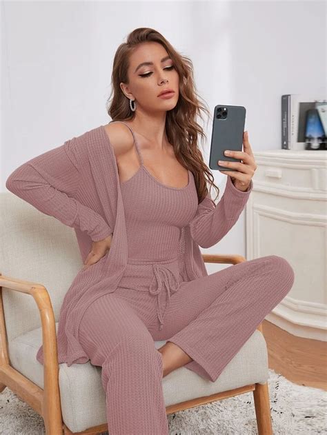 3pcs Waffle Knit Cami Top And Knot Pants And Robe Pj Set Shein Usa