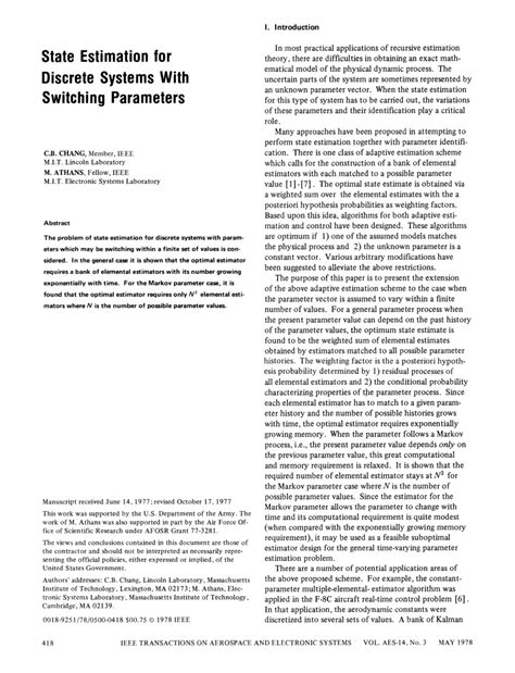 Pdf State Estimation For Discrete Systems With Switching Parameters