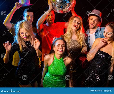 Dance Party With Group People Dancing And Disco Ball Stock Image