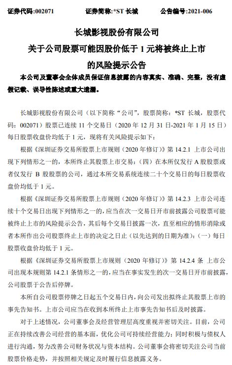 St长城（002071）关于公司股票可能因股价低于 1 元将被终止上市的风险提示公告资讯