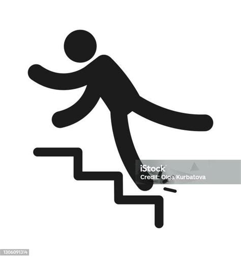 젖은 바닥에 미끄러 사람 부상 떨어지는 사람들 검은 심플한 실루엣 위험 기호 불균형 남자 미끄러 져 계단에서 아래로 떨어지는 경고 기호 템플릿 벡터 일러스트 0명에 대한