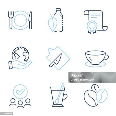 커피 콩 에스프레소 및 물병 아이콘 세트 차 찻잔 레스토랑 음식 및 도마 표지판 벡터 깨끗한에 대한 스톡 벡터 아트 및 기타 이미지 Istock