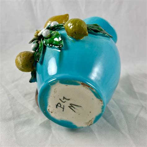 French Palissy Trompe Loeil Menton Perret Gentil Turquoise Lemon Jug