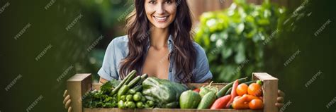 Premium Ai Image Happy Female Farmer Holding A Box With Fresh Produce