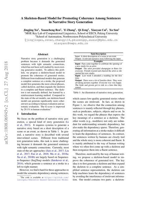 Pdf A Skeleton Based Model For Promoting Coherence Among Sentences In Narrative Story Generation