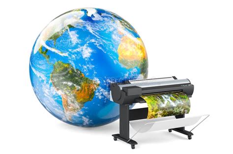 Plotter Large Format Inkjet Printer With Earth Globe 3d Rendering Stock Illustration
