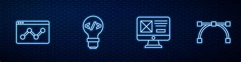라인 Ui 또는 Ux 디자인 웹 사이트 통계 프론트 엔드 개발 및 베지어 곡선을 설정합니다 벽돌 벽에 빛나는 네온 아이콘입니다