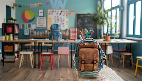 Interior Of Stylish Empty Classroom With Backpacks And Stationery Stock Illustration