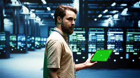 server check with green screen tablet stock image image of database