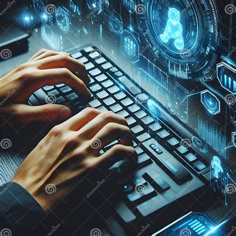Close Up Of Hands Typing On A Keyboard With Futuristic Holographic Data Overlays Stock Image