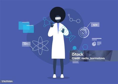 생명 공학 개념 Vr 헤드셋을 착용 하는 젊은 흑인 여성 과학자 분자와 인포 그래픽의 디지털 이미지 과학자에 대한 스톡 벡터 아트 및 기타 이미지 Istock
