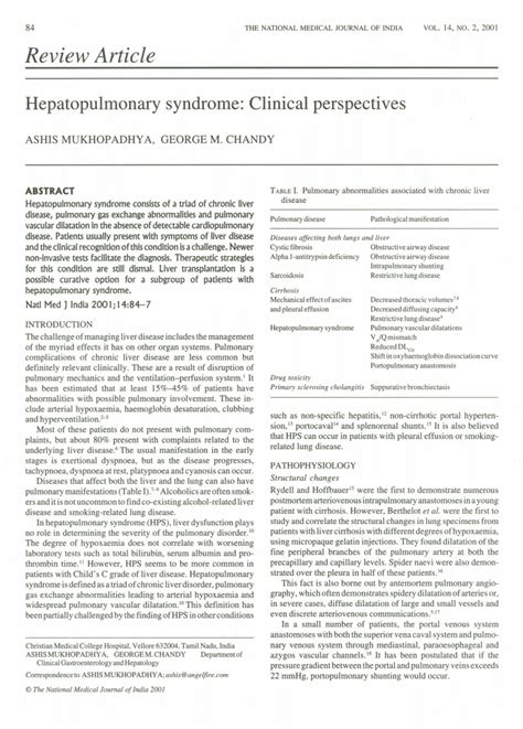 Pdf Hepatopulmonary Syndrome Clinical Perspectives