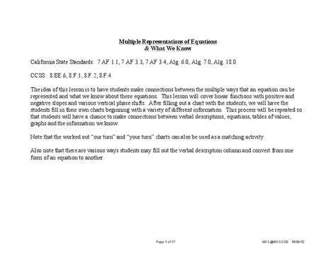 Multiple Representations Of Equations Lesson Plan For 6th 8th Grade