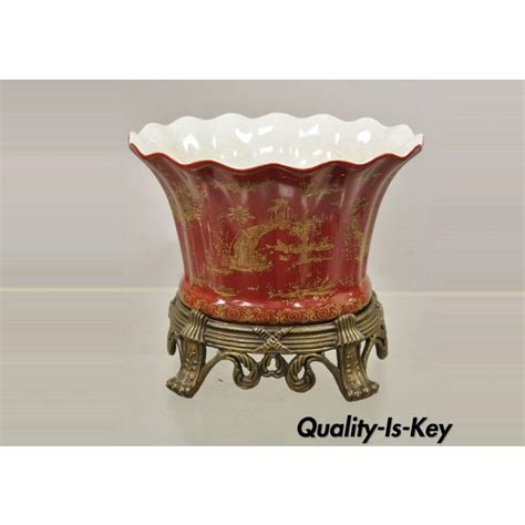 Chinoiserie Style Red Ceramic Scalloped Planter Pot On Ornate Bronze