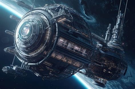 Premium Ai Image Futuristic Space Station On Planet Orbit Spaceship In Outer Space Created