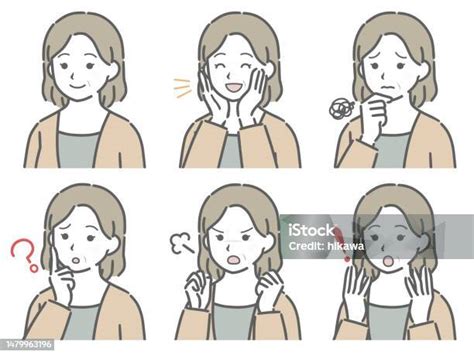 대각선으로 마주보고 있는 중년 여성의 다양한 표정 걱정하는에 대한 스톡 벡터 아트 및 기타 이미지 걱정하는 기울어진