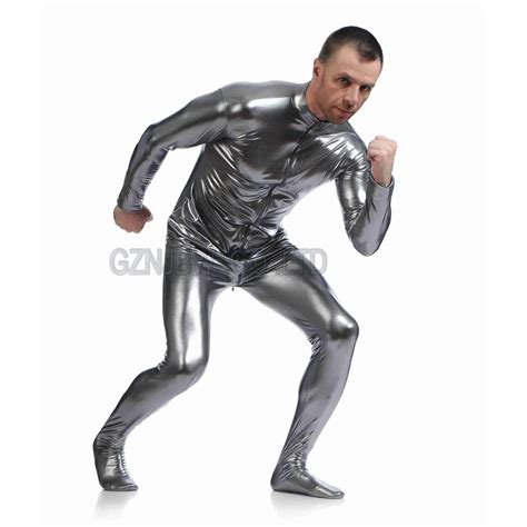 Adult Men Faux Leather Headless Metallic Silver Gray Bright Skin Zentai