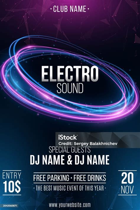 일렉트로 사운드 파티 전단지 음악 행사를 위한 현대적인 포스터 디자인 입자가 있는 네온 소용돌이 선의 조명 효과 클럽 및 Dj 이름 벡터 일러스트 레이 션입니다 나이트클럽에