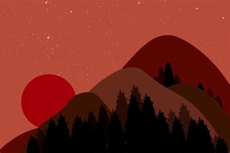 풍경화 산에서 일몰 스칸디나비아 또는 보헤미안 스타일의 현대적인 수평 포스터 태양 달 벽 예술 천연 미니멀 한 디자인 벡터