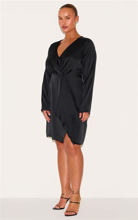 Plus Black Satin Long Sleeve Wrap Dress Plus Size Prettylittlething
