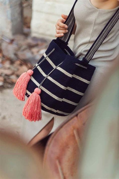 Striped Navy Wayuu Bag Mochila From Colombia Original Crochet