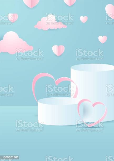 발렌타인 데이 컨셉 포스터 벡터 그림입니다 기하학적 배경에 프레임이있는 3d 파란색과 분홍색 종이 하트 귀여운 사랑 판매 배너 또는 인사말 카드 2월에 대한 스톡 벡터 아트