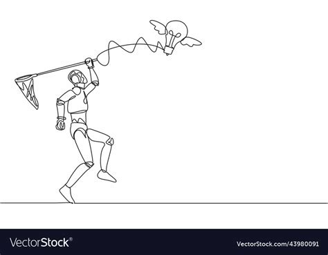 Single One Line Drawing Robot Try To Catching Vector Image