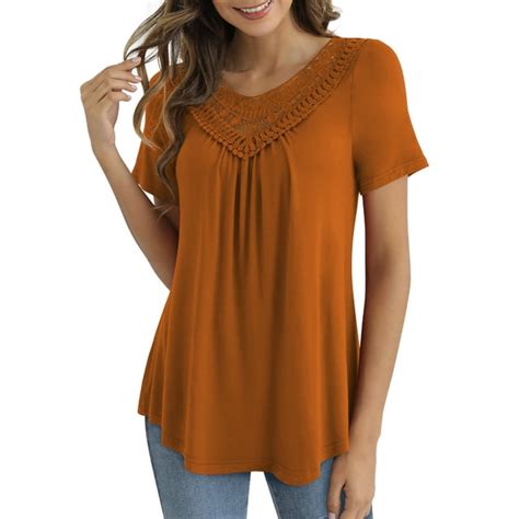 Voianlimo Womens Plus Size Summer Tops Short Sleeve Lace Pleated