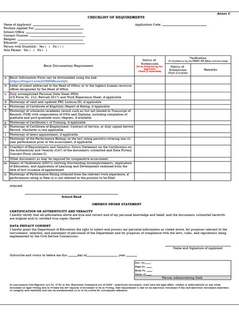 Annex C Checklist Of Requirements Xlsx Annex C Checklist Pdf