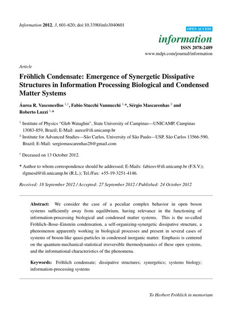 Pdf Fröhlich Condensate Emergence Of Synergetic Dissipative Structures In Information