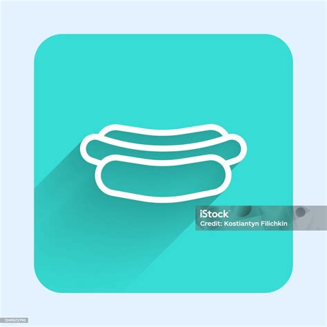 긴 그림자로 격리 된 화이트 라인 핫도그 샌드위치 아이콘 소시지 아이콘 패스트 푸드 기호 녹색 정사각형 버튼입니다 벡터