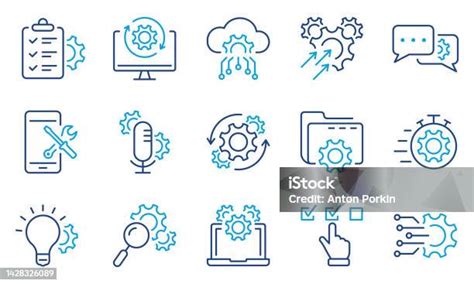 기술 구성 라인 아이콘입니다 혁신 비즈니스 프로세스 개요 아이콘입니다 기어 컴퓨터 도구 음성 버블 디지털 설정 컬러 픽토그램 편집 가능한 스트로크 격리된 벡터 일러스트 레이