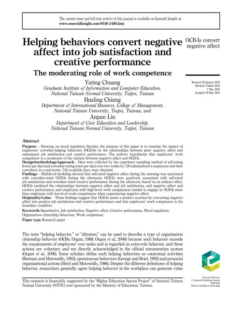 Pdf Helping Behaviors Convert Negative Affect Into Job Satisfaction And Creative Performance