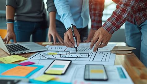 Developer Team Brainstorming Ui And Ux Designs For Mobile App On Paper Wireframe Interface Stock
