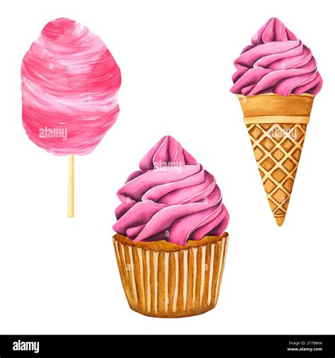 Set Of Sweets Vanilla Cupcake Pink Cotton Candy On A Stick Ice Creams