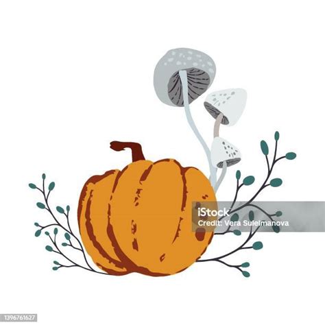 평면 스타일의 가을 디자인 자연 가을 요소 손으로 그린 호박 브런치 및 버섯 엽서 섬유 웹 사이트 및 소셜 미디어에 대한 흰색 배경에 격리 된 벡터 일러스트 레이 션 0명에