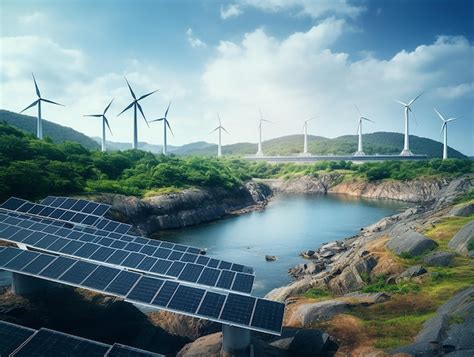Premium Photo Landscape With Solar Panels Wind Turbines A Hydropower