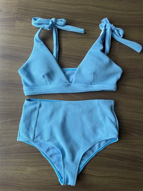 Sky Blue Two Piece Swimsuit Highwaist Womens Fashion Swimwear