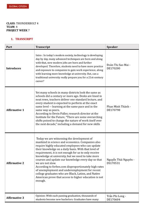 Transcript Class Team Class Thunderbolt 4 Team 4 Project Week 7 1 Transcript Part