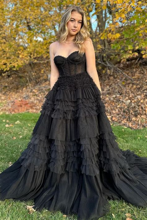 Luuvis Black Corset Prom Dress Princess A Line Sweetheart Formal Dress
