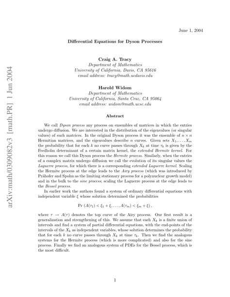 Pdf Differential Equations For Dyson Processes