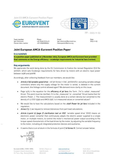 Eurovent Amca Position On Industrial Fans Regulation Eurovent