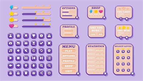 게임 및 애플리케이션용 Ui 디자인 핑크 인터페이스 요소 프리미엄 벡터