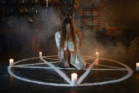Crazy Woman Sitting In Magic Circle With Candles Magic Circle