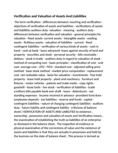 Verification And Valuation Of Asset And Liabilitiesdocx Verification And Valuation Of Assets