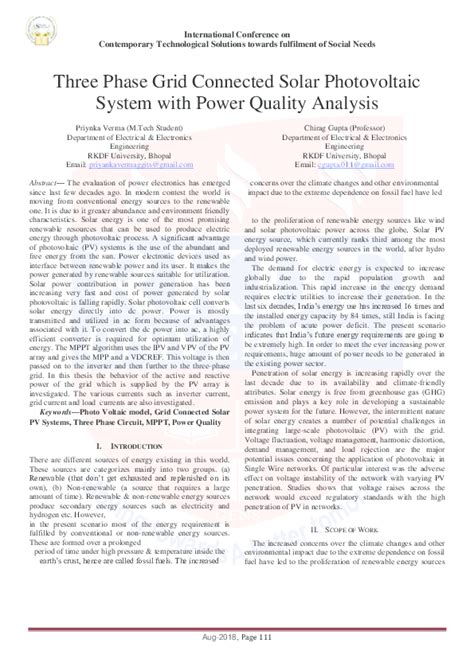 Pdf Three Phase Grid Connected Solar Photovoltaic System With Power Quality Analysis